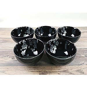 JapanBargain 4690, Japanese Porcelain Rice Bowls Gift Set,Cherry Blossom Sakura Pattern Miso Soup Bowls, Black and Silver Color, Set of 5, Made in Japan