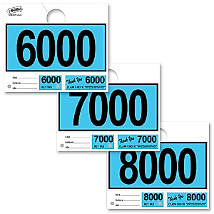 3000 Automotive 3 Part Service Dispatch Numbers Mirror Hang Tags Numbered 6000, 7000, 8000 RL78 Style Color Coded Blue Service Dispatch Numbers with 1.25” Slotted Hang Tag Cutout