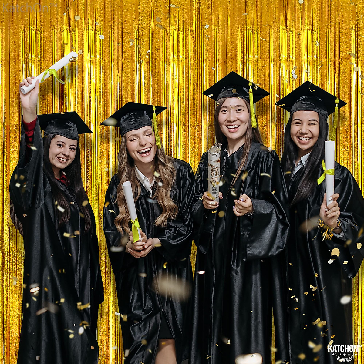 KatchOn, Iridescent Gold Fringe Curtain with Happy Birthday Balloon Banner - Pack of 3 | Happy Birthday Letter Balloons for Gold Birthday Decorations, Gold Streamers Party Decor | Gold Foil Curtains