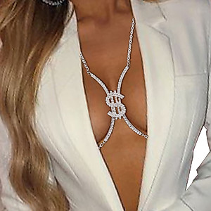Rhinestone Chest Bracket Chain Crystal Dollar Sign Chest Chain Summer Bra Body Chain Sexy Bikini Waist Body Jewelry for Women (Silver)