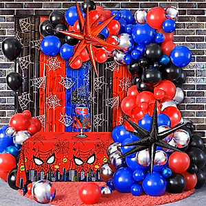 127pcs Spider Party Decorations Balloons Black Red and Blue Balloons Garland Kit Arch Backdrop Tablecloth Banner Cake Hero Theme Birthday Party Decorations Foil Fringe Curtains For Kids