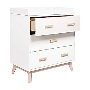 Babyletto Scoot 3-Drawer Changer Dresser with Removable Changing Tray in White and Washed Natural, Greenguard Gold Certified