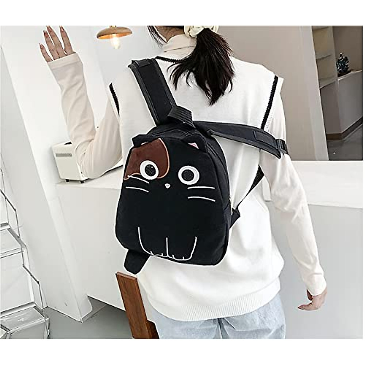 LaurelTree Kawaii Aesthetic Cute Cartoon Cat Backpack Laptop Travel Bag School Students Teens Girls (Black)