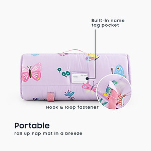 Wake In Cloud - Nap Mat with Removable Pillow for Kids Toddler Boys Girls Daycare Preschool Kindergarten Sleeping Bag, Butterfly and Flowers Printed on Purple,100% Soft Microfiber