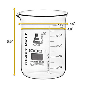 EISCO 6PK Heavy Duty Beaker, 1000ml - 5mm Thick, Uniform Walls - Superior Durability & Chemical Resistance - White Graduations - Borosilicate 3.3 Glass