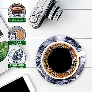 Coasters with Holder, Absorbent Coasters by DSNDVES, Set of 6 Ceramic Coasters, Marble Style Drink Coasters with Cork Base, Bar Coasters, Round Stone Coasters Black Ink Painting