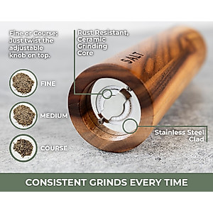 Saffron & Sage Premium Acacia Wood Salt and Pepper Grinder Set of 2-8” Tall Salt and Peppercorn Mill with Adjustable Coarse Settings, Rust Resistant, Smooth and Quality Grinding Mechanism