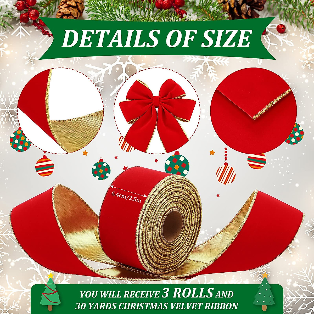 3 Rolls 30 Yards Christmas Red Velvet Ribbon with Gold Edge 2.5 Inch Wide Wired Ribbon Outdoor Ribbon Holiday Decorative Ribbon Fabric Ribbons for Xmas Tree Bow Wreath Making Gift Wrapping Craft