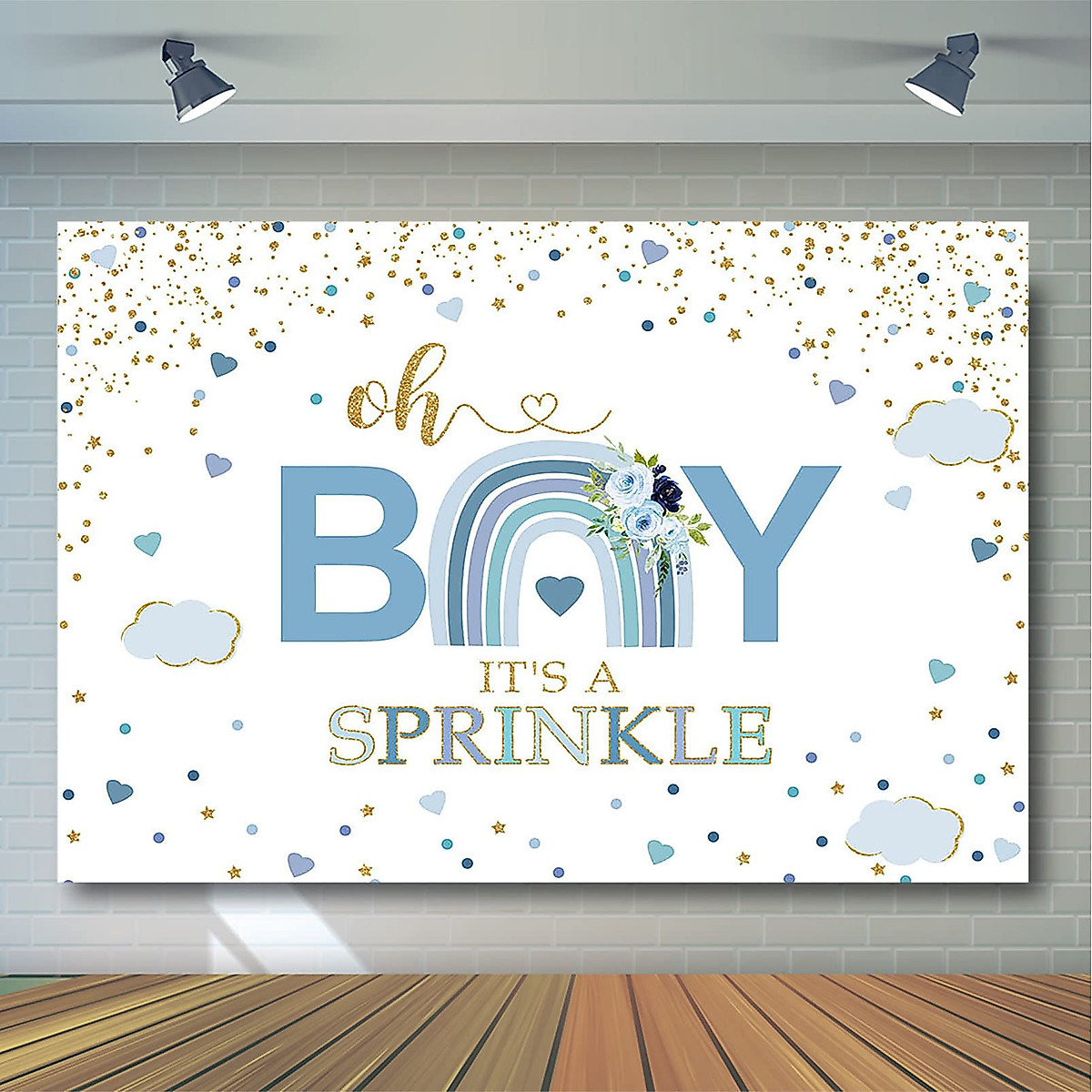 Avezano Blue Rainbow Baby Shower Backdrop for Boy Rainbow Baby Sprinkle Decorations Photography Background Pastel Rainbow Blue and Gold Confetti Oh Boy Party Photoshoot Decor (7x5ft)