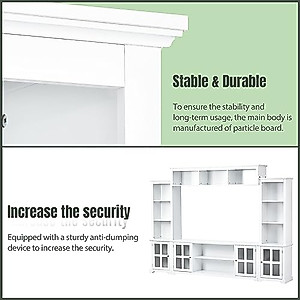 TV Stand for TV's up to 75 Inch with Open Bookshelf, Wine Cabinet & Display Cabinet, Multifunctional Entertainment Wall Unit with Bridge & Tempered Glass Door for Living Room