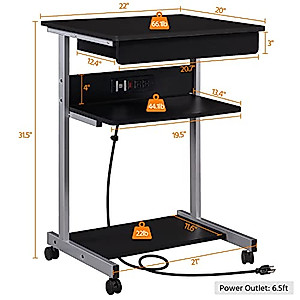 Yaheetech 22 in Laptop Computer Table Home Office Desk with Power Outlet for Small Space, Mobile Compact Corner Desk with Charging Station and USB Ports on Wheels, Student Writing Desk Table, Black