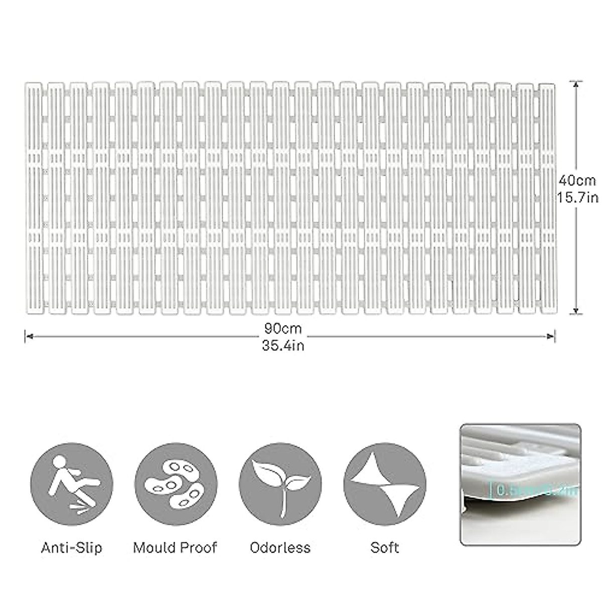 Qidordour Bathtub Mat Non Slip Shower Mats, 35.4 x 15.7 Inch Long Soft Bath Tub Mat with Suction Cups and Drainage Holes, Anti Slip Bath Mats for Tub Inside Shower Stall Tray Bathroom Floor,Light Grey
