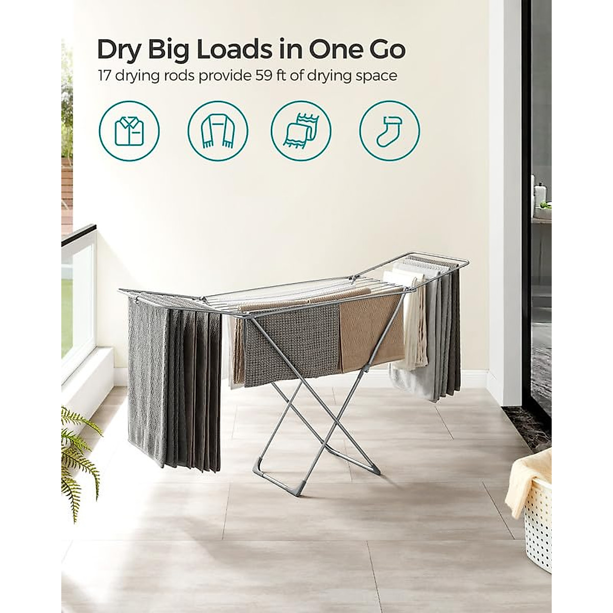 SONGMICS Clothes Drying Rack, Metal Laundry Drying Rack, Foldable, Space-Saving, Free-Standing Airer, with Gullwings, Indoor Outdoor Use, Bed Linen Clothing, Gray ULLR540G01