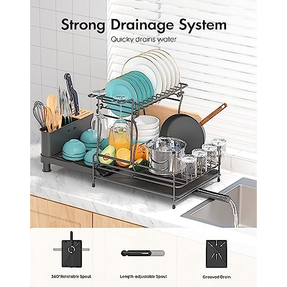 ACMETOP Dish Drying Rack, Expandable 2 Tier Large Dish Rack for Kitchen Counter, Rustproof Dish Dryer Rack with Drainboard, Cutlery & Cup Holders, Dish Drainer for Dishes, Knives, Spoon, Black