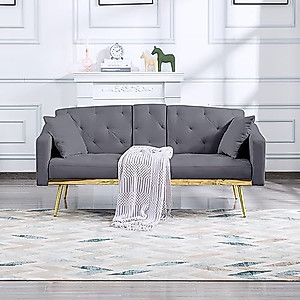 ERYE Upholstered Futon Sofa Sitting Space Loveseat Convertible Sleeper Couch Bed for Apartment Office Home Gym Living Room Furniture Sets Sofabed, Gray Velvet Tufted with 2 Cupholders