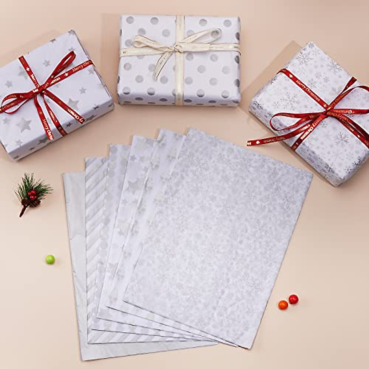 Blisstime 106 Sheets Silver Tissue Paper Gift Wrap Bulk, 19.5" x 13.6" Christmas Tissue Paper for Wrapping, 6 Assorted Designs Golden Stars Snow Dots for Christmas Gift Bags, DIY and Craft