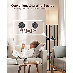 PAZZO Floor Lamp with Shelves, Shelf Floor Lamps by Real Solid Wood with 2 Charging Ports and 1 Power Outlet, Floor Lamps for Bedrooms, Lamps for Living Room, Matt Black