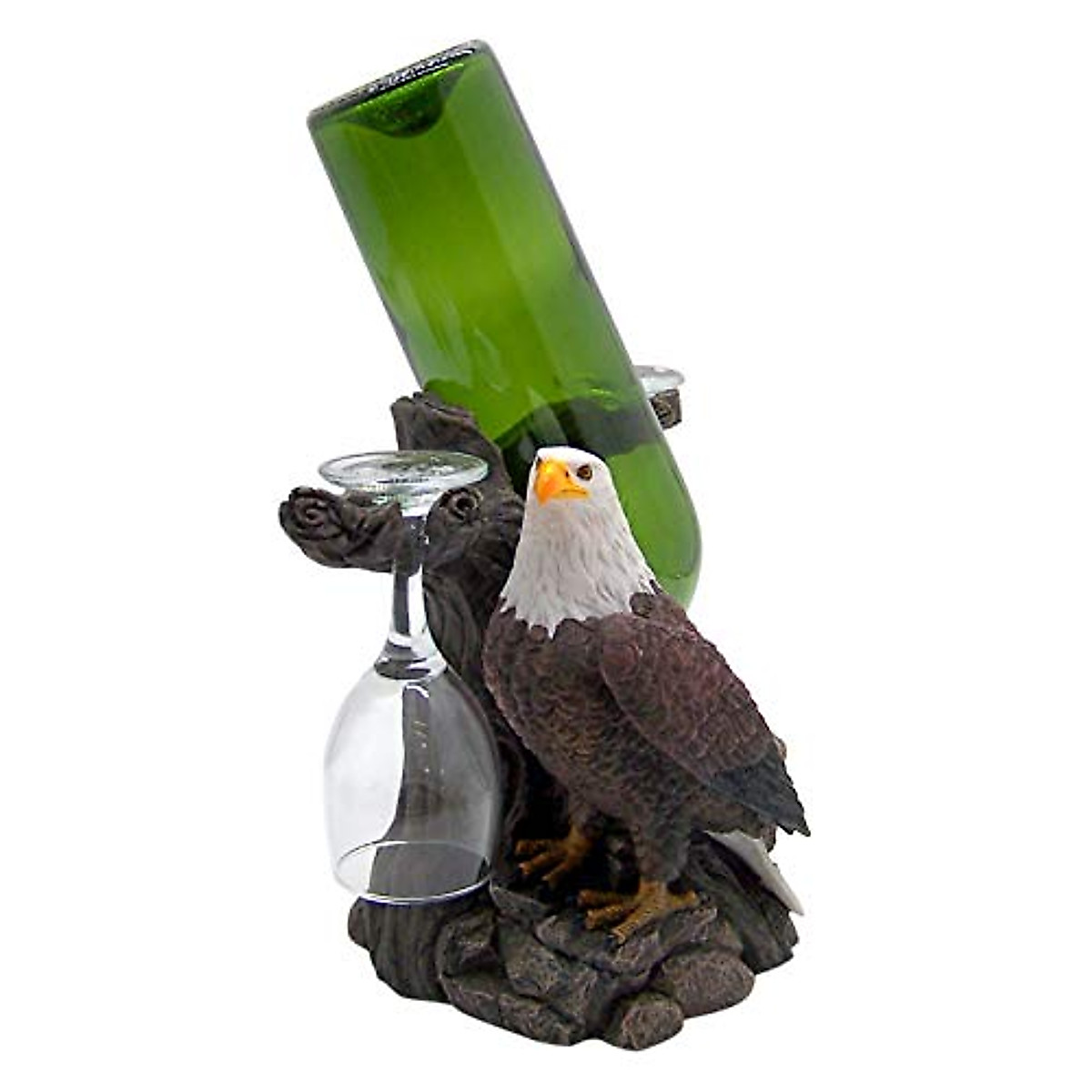 Bald Eagle Statue Wine Bottle Holder with Two Wine Glasses, Kitchen Decor, 8.5 Inch