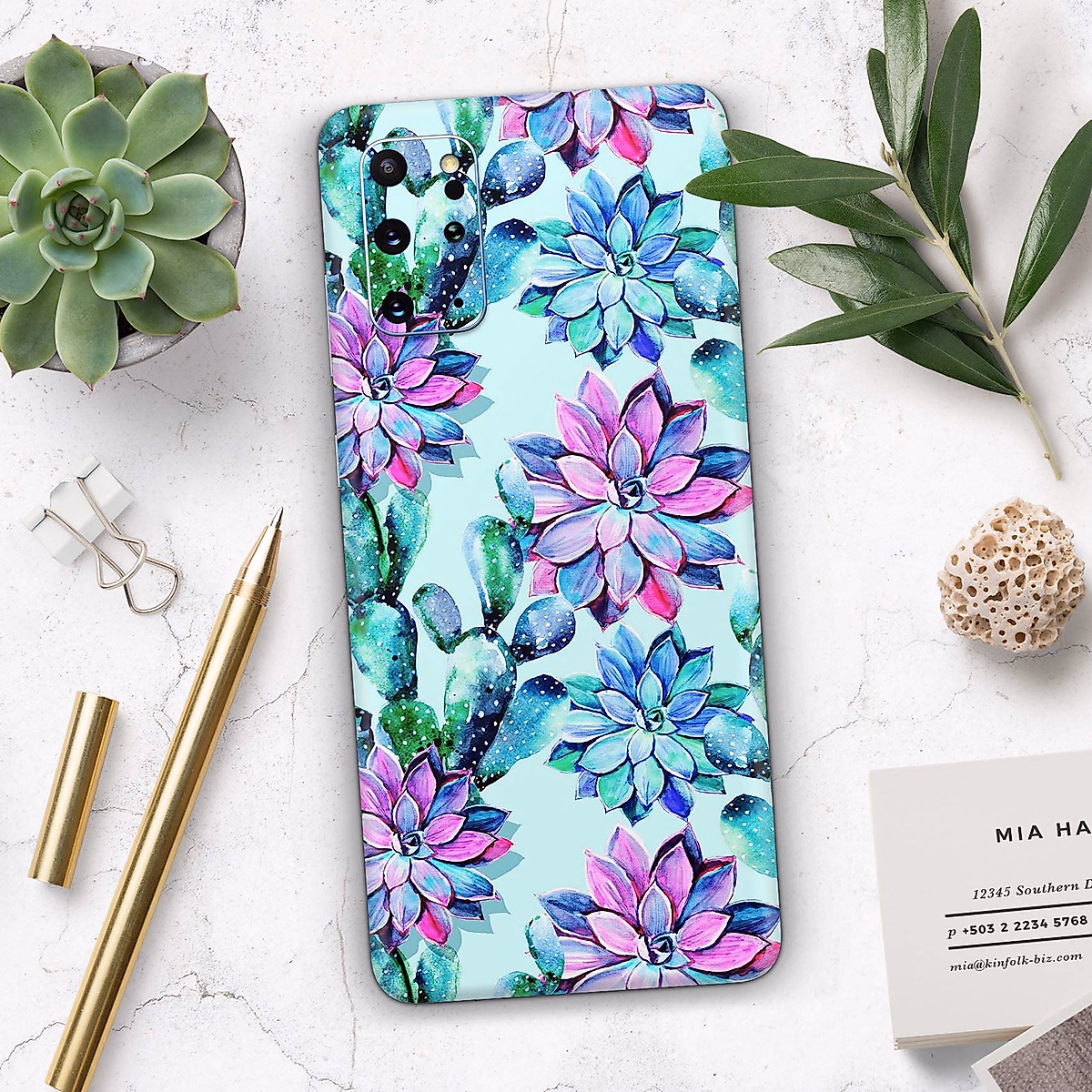 DesignSkinz Watercolor Cactus Succulent Bloom V14 Protective Vinyl Decal Wrap Skin Cover Compatible with The Samsung Galaxy S20 (Screen Trim & Back Glass Skin)