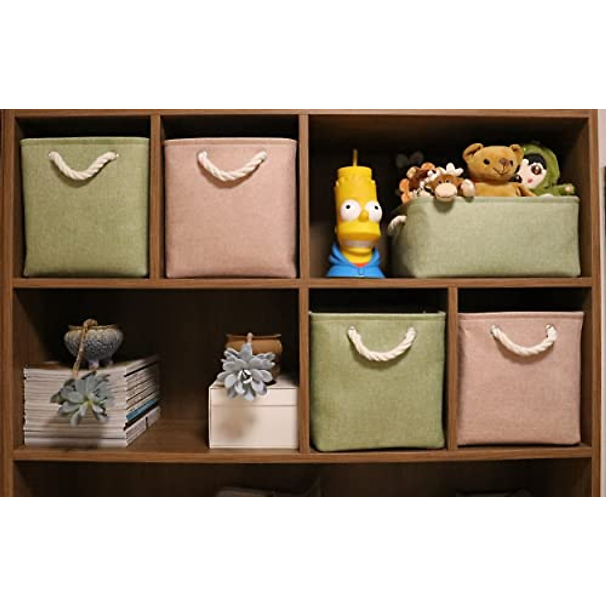 HARMOSO Collapsible Storage Basket (14Lx10.6Wx6.6H) Decorative Storage Bins with Handles Canvas Storage Baskets for Shelves Gift baskets organizing Toys Clothes Books baskets (Green,3Pack)