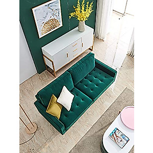 JULYFOX Emerald Green Velvet Fabric Sofa Couch, 70 inch Wide Mid Century Modern Living Room Couch 700lb Heavy Duty with 2 Throw Pillows