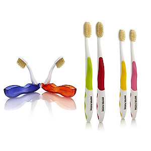 MOUTHWATCHERS Dr Plotkas Soft Flossing Toothbrush, 2 Manual Toothbrushes for Adults + 2 Kids Toothbrushes + 2 Folding Travel Toothbrushes, Good for Sensitive Teeth and Gums, 6 Pack - Colors Vary