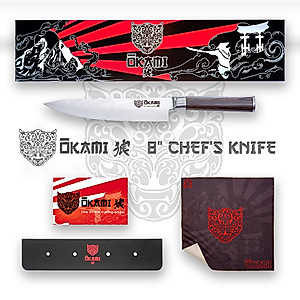 Okami Knives CHEF KNIFE 8" Japanese Damascus Stainless Steel, High Carbon Sharp Kitchen Cutlery, Light & Ergonomic Gyuto