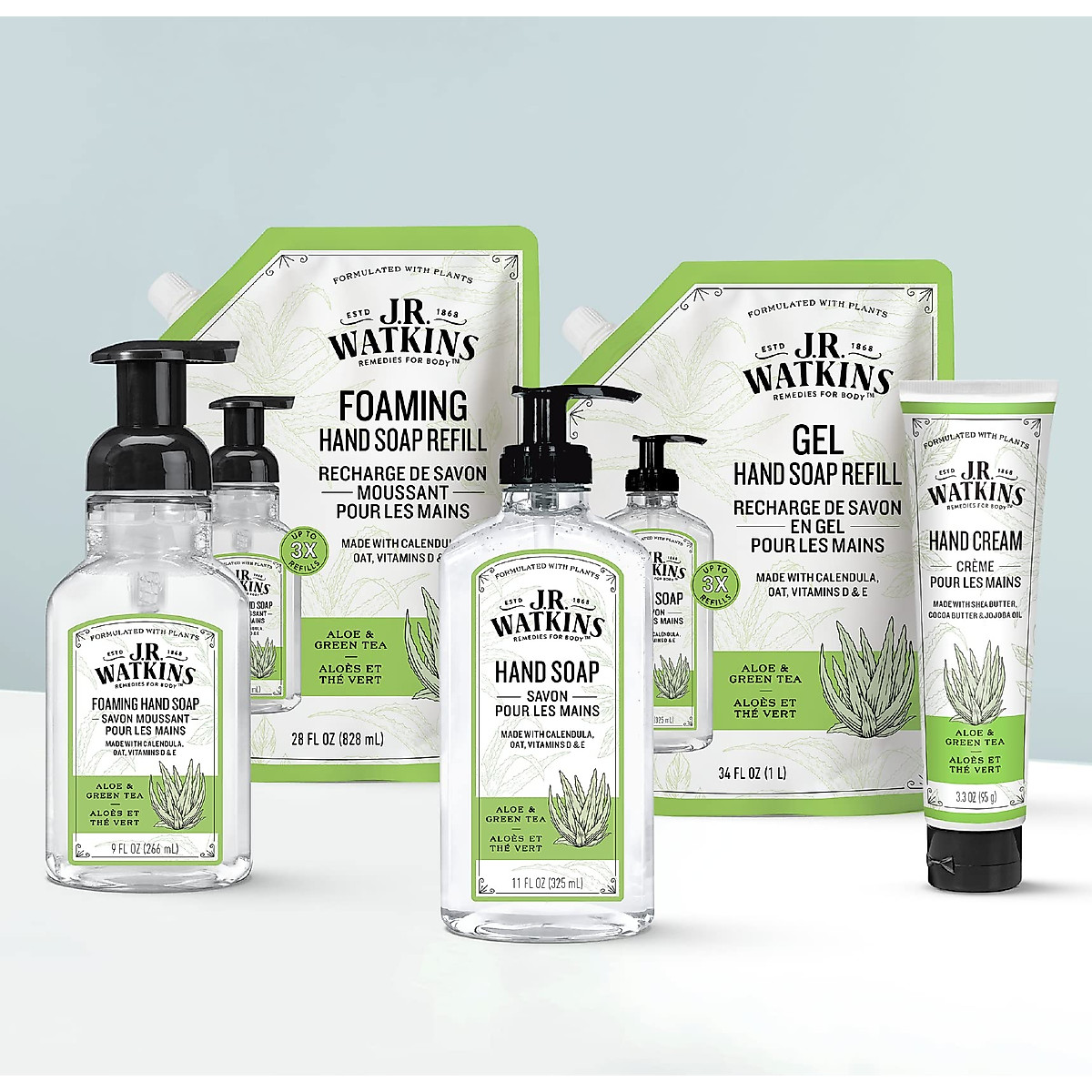 J.R. Watkins Gel Hand Soap Refill, Moisturizing Hand Wash, All Natural, Alcohol-Free, Cruelty-Free, USA Made, Aloe Green Tea, 34 Fl Oz, 3 Pack