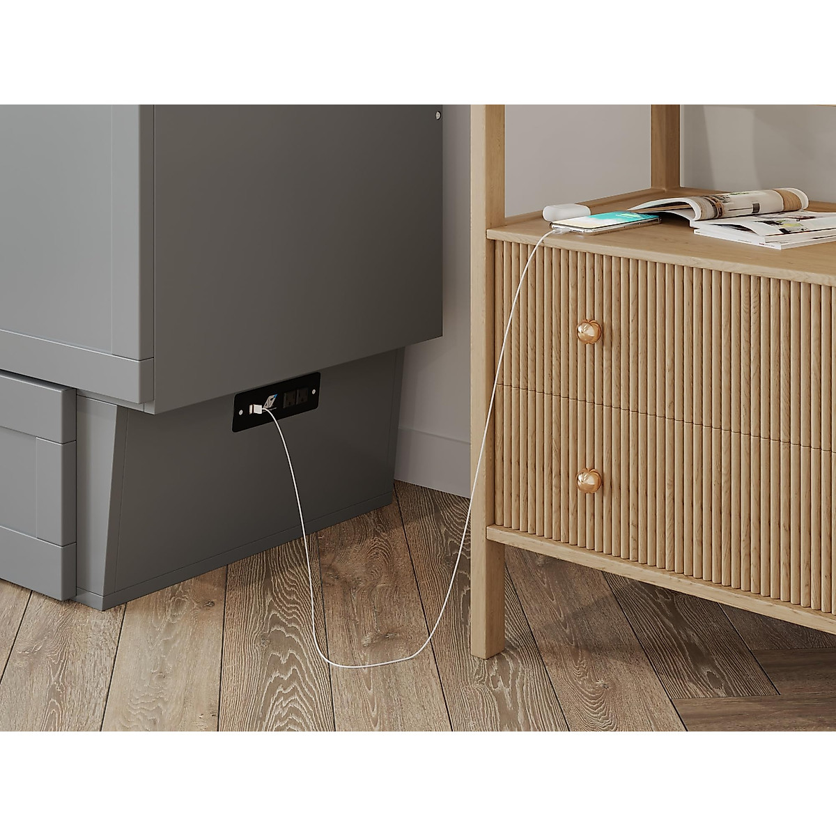 AFI Monroe Full Size Murphy Bed Chest with Mattress, Storage, & Built-in Charger in Grey