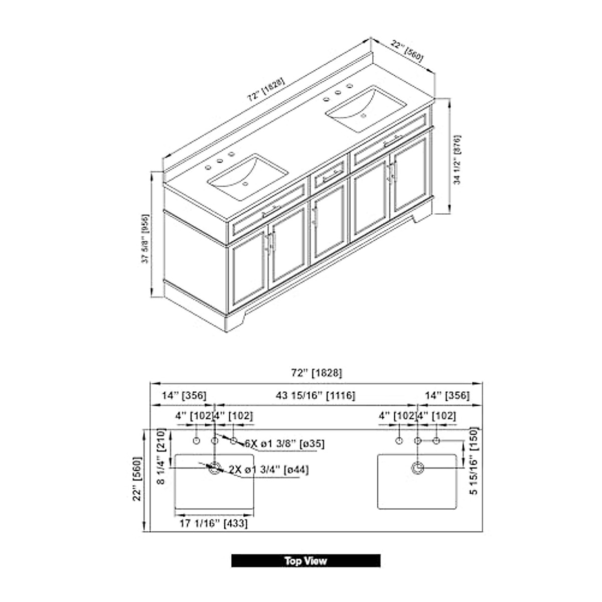 Ove Decors Emery 72 in. Double Sink Bathroom Vanity, in Pure White