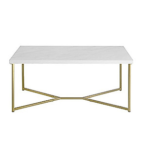 Walker Edison Mid Century Modern Marble Gold Rectangle Coffee Table Living Room Accent Ottoman Storage Shelf, 42 Inch, Marble and Gold