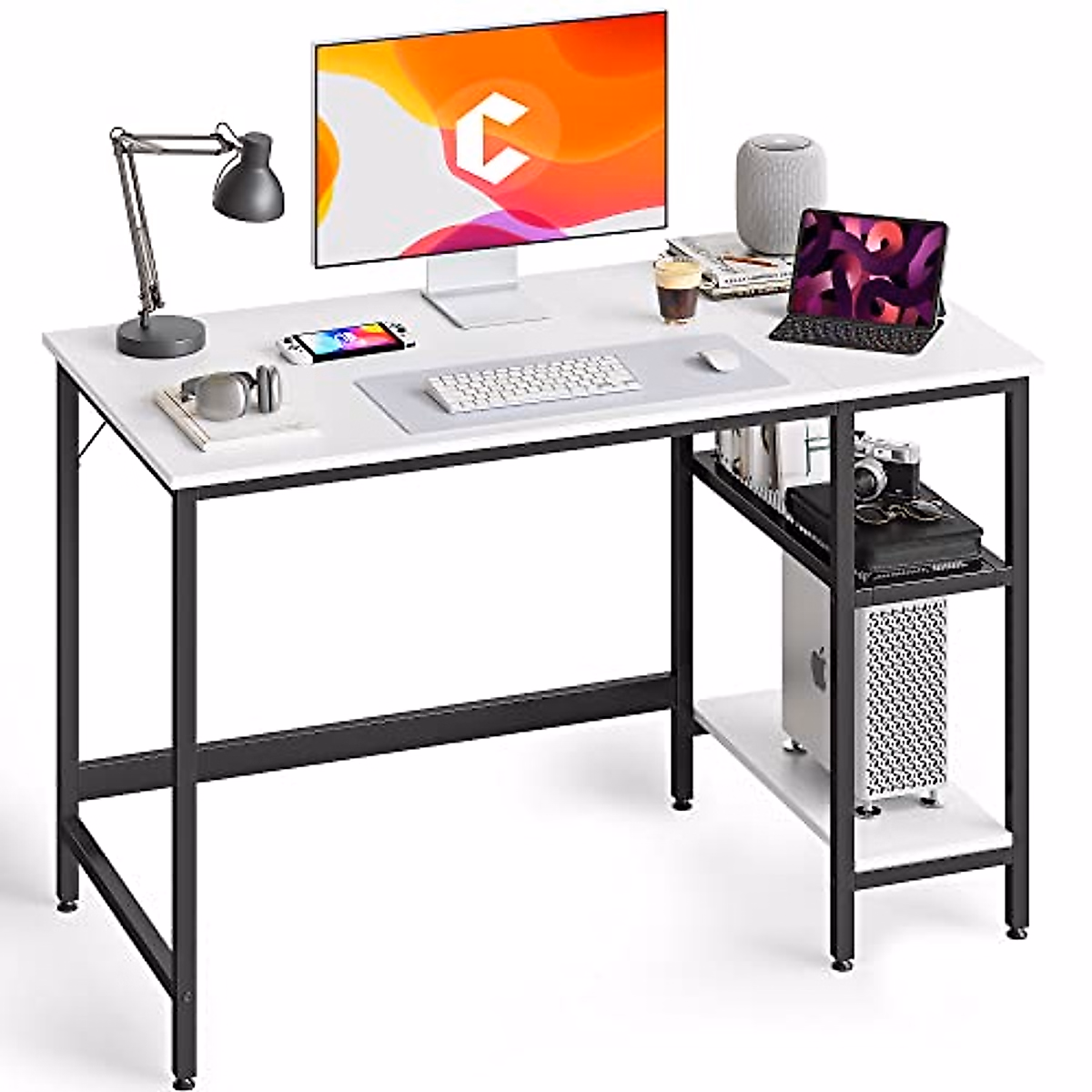 CubiCubi Computer Home Office Desk, 47 Inch Desk Study Writing Table with Storage Shelves, Modern Simple PC Desk with Splice Board,White Finish