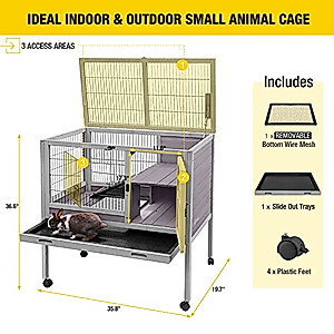 Aivituvin Rabbit Hutch Indoor Bunny Cage Wooden Guinea Pig House with Wire Floor, Wheels, Leak-Proof Tray 35in