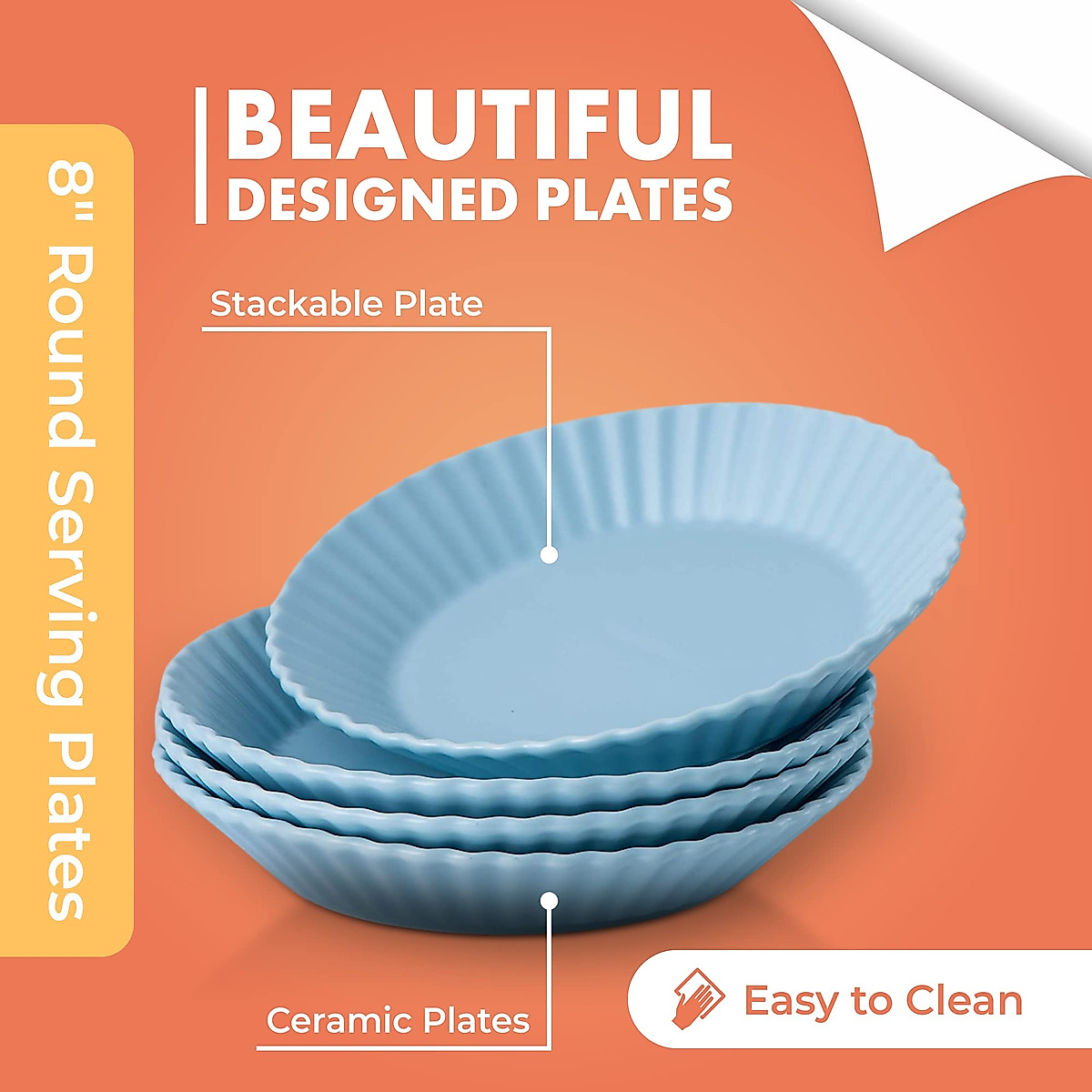Bruntmor Set of 4 Elegant Matte 8" Round Ceramic Restaurant Serving Inner Fluted Dessert Salad Plates, Light Blue