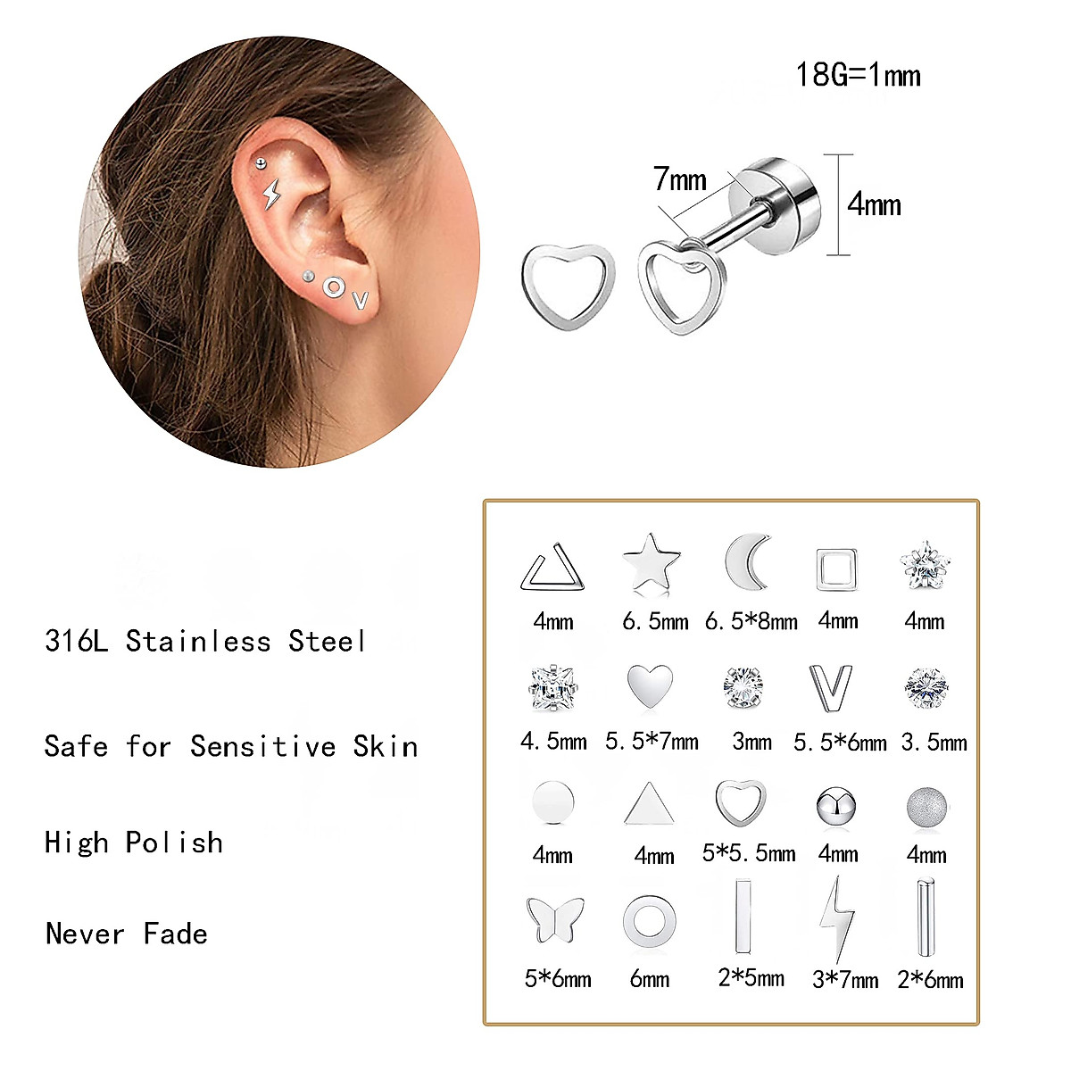 PLOMFOV Stainless Steel Stud Earrings Set for Women Men 18G Cartilage Stud Earrings Moon Star Triangle Circle Heart Square Butterfly CZ Stainless Steel Flat Back Earrings Piercing Jewelry