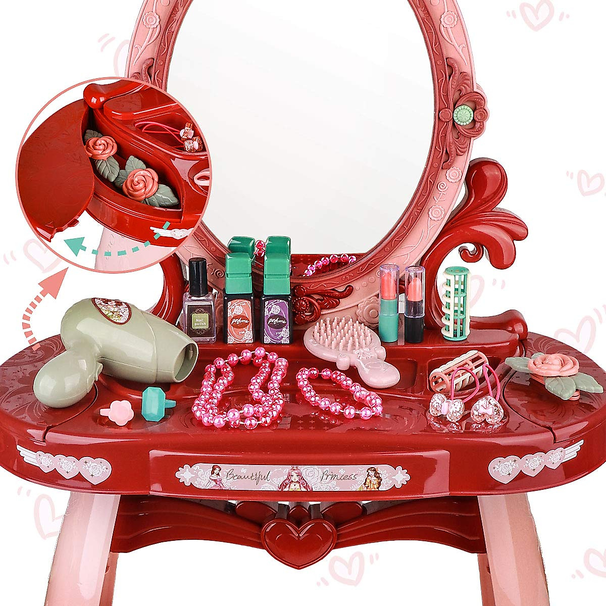 Meland Toddler Vanity Set - Kids Toy Vanity Table for Little Girls with Sound and Light Mirror and Beauty Accessories, Birthday Toys for Little Princess Pretend Play