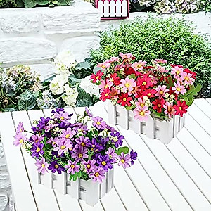 Louis Garden Artificial Flowers Fake Daisy in Picket Fence Pot Pack - Mini Potted Plant (Daisy-Purple)