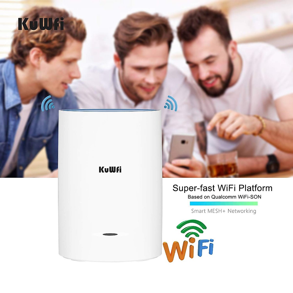 KuWFi 3-Pack Tri-Band Whole Home Mesh WiFi System with AC2200 Speed Gigabit Mesh WiFi 5 Router & Extender Replacement Covers up to 6500 sq.ft Tri-Band WiFi Mesh +2 Node