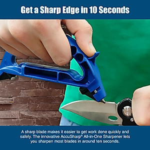AccuSharp All-in-One Sharpener, All Purpose Sharpener for Knives, Scissors, Garden Tools, Sharpens & Restores Serrated Knives, Cleavers, Axes, Machete, Blue