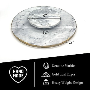 French KOKO 12-Inch Marble Stone Lazy Susan for Countertop with Gold Accent, White Marble Lazy Susan Turntable, Marble Spin Dining Set Tray Spin Slab Pastry Board 12"