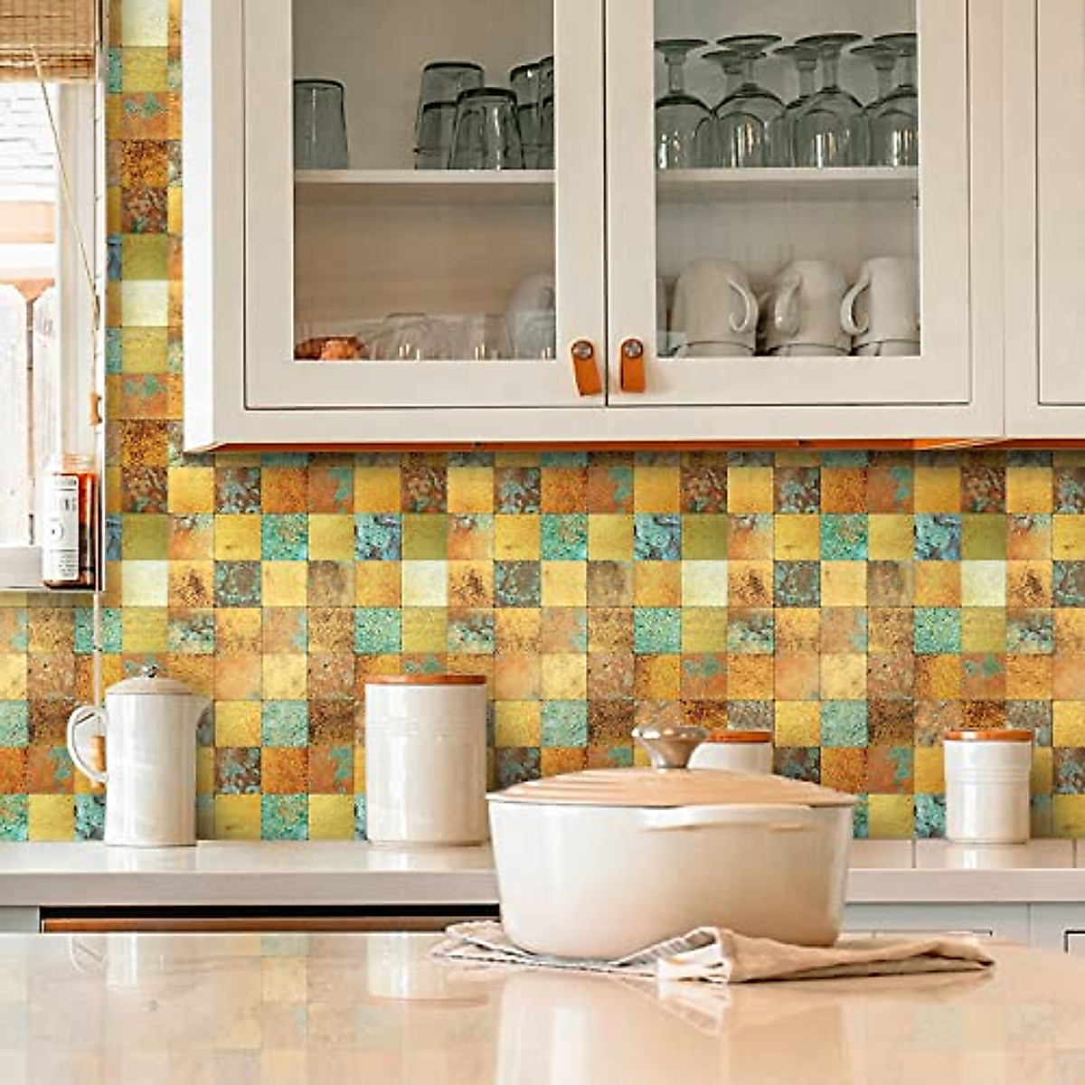 HomeyMosaic Peel and Stick Backsplash Tile Stick on Kitchen Fireplace Bathroom Plaid in Rust Retro Copper,5-Sheet