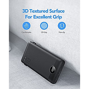 Portable Charger with Built-In Cables and AC Wall Plug,VRURC 10000mAh Phone Charger,5 Output & 2 Input LED Display External Battery Pack,Ultra Slim USB C Power Bank Compatible with Smart Devices-Black