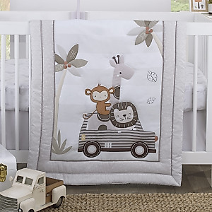 NoJo Little Love Jungle Ride Grey, White and Tan, Monkey, Giraffe and Lion 3 Piece Nursery Crib Bedding Set - Comforter, Fitted Crib Sheet, and Crib Skirt