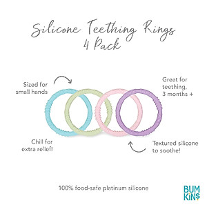 Bumkins Baby Teething Freezer Toy Keys Rings, Soft Flexible Pacifier to Chew, Cool Teether Gum Relief, Babies 3 Months, Freezable, Platinum Cured Silicone, Sensory Bracelet, 4-pk Pastels
