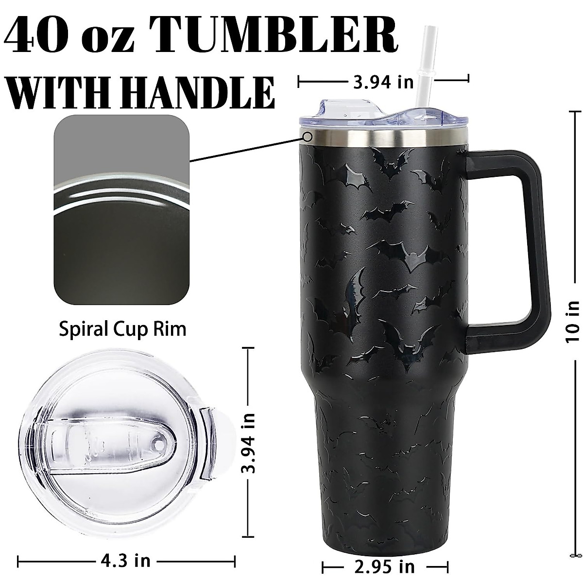 qynspngs 40 oz Halloween Tumbler with Lid and Straw - 5D Bat Print Tumblers with Handle Halloween Stainless Steel Insulated Travel Cup Black Coffee Cups Gifts for Women Men Adults