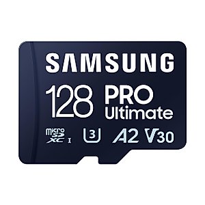 SAMSUNG PRO Ultimate microSD Memory Card + Adapter, 128GB microSDXC, Up to 200 MB/s, 4K UHD, UHS-I, Class 10, U3,V30, A2 for GoPRO Action Cam, DJI Drone, Gaming, Phones, Tablets, MB-MY128SA/AM