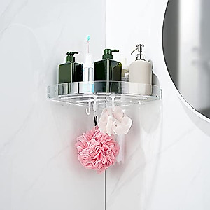 ChezMax Corner Shower Caddy, 2 Pack Adhesive Acrylic Bathroom Organizer with 10 Hooks for Shampoo Soap, Transparent Wall Mounted No Drilling Toilet Shelf, Floating Sponges Scrubbers Holder for Kitchen