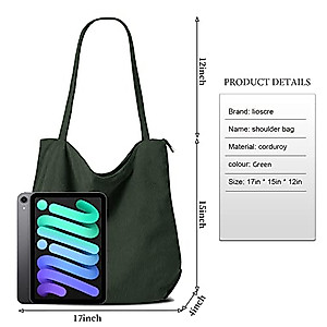 Iioscre Corduroy Tote Bag for Women,Tote Bag with Zipper,Large Capacity Casual Shoulder Handbags with Inner Pockets