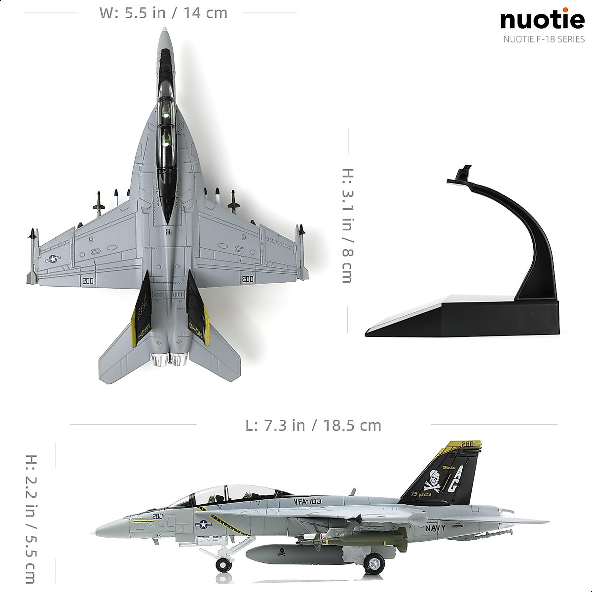 NUOTIE 1/100 F/A-18 Super Hornet Diecast Metal Fighter Jet Model Kits Pre-Build Replica 1943-2018 Jolly Roger Livery Military for Display Collection or Gift