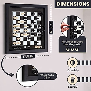 Bundaloo Hanging Magnetic Chess Set - Wall or Ceiling Mount Wooden Magnetic Board with Black & White Game Pieces - Chessboard Playing Art & Decor for Home and Office - Black Wood Frame, Strong Magnets